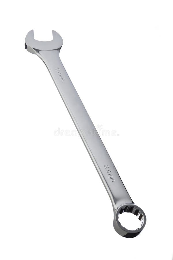Metal Spanner Gripping and Turning Nut Around Metal Bolt Isolated on ...