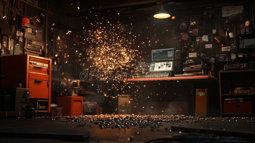 Metal Sparks Explode in a Busy Workshop Setting Stock Illustration ...