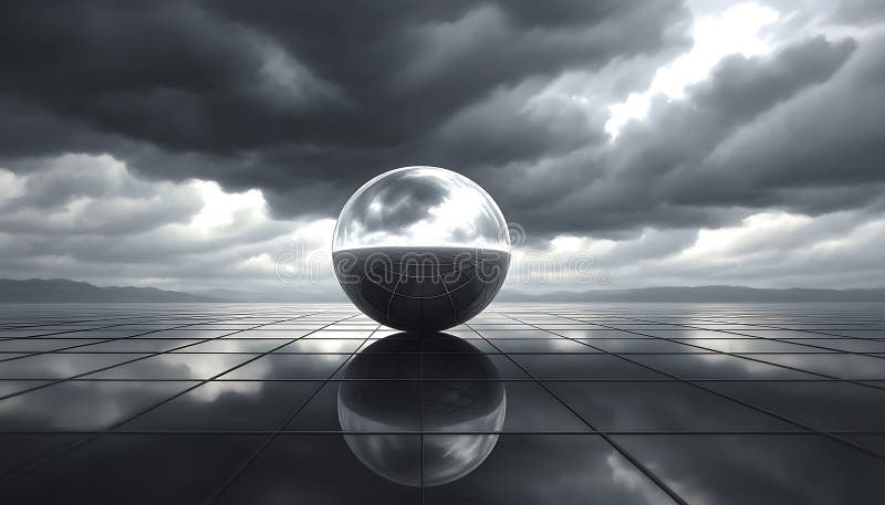 Metal Sphere on Black Checkered Surface with Sky Reflection and ...