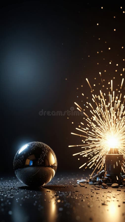 Metal Sphere beside a Sparkling Explosion on a Reflective Dark Surface ...