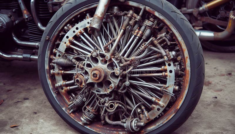 The Metal Spokes of a Motorcycle Wheel are Rusted and Several Ar Stock ...