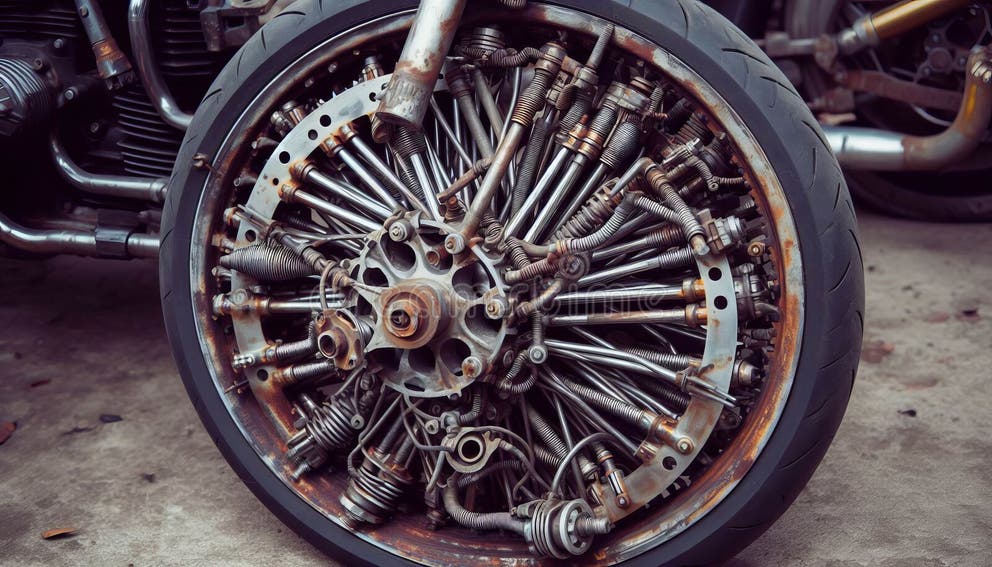 The Metal Spokes of a Motorcycle Wheel are Rusted and Several Ar Stock ...