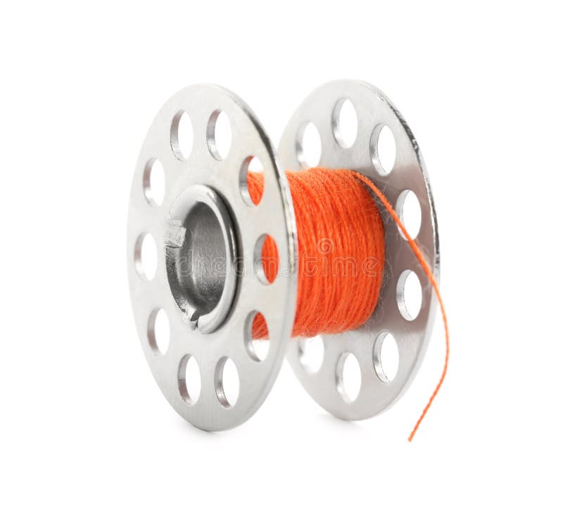 Metal Spool of Orange Sewing Thread Isolated on White Stock Image ...