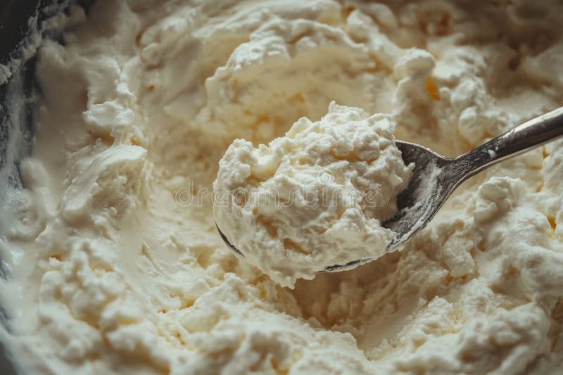 Metal Spoon Lifting Portion of Whipped Cream from Bowl, Closeup Stock ...