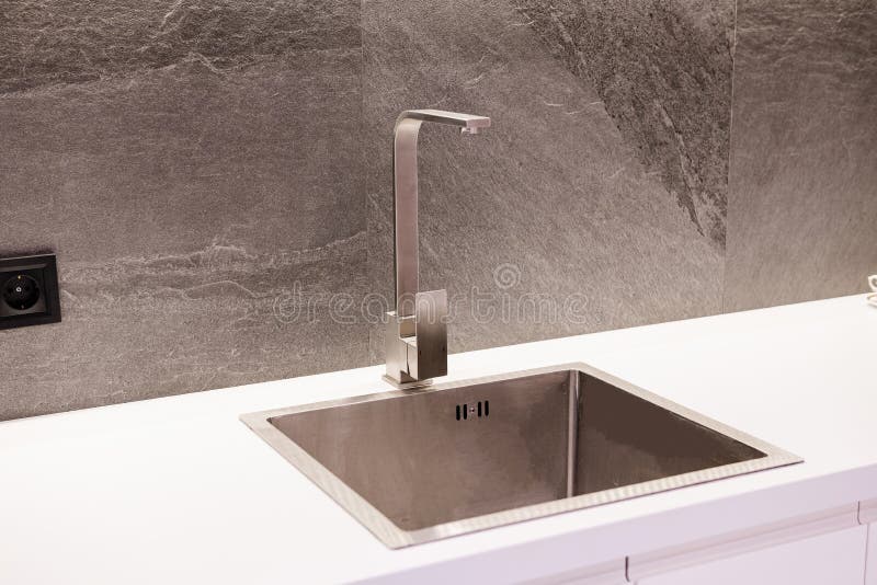 Metal Square Sink on Kitchen Surface Stock Image - Image of kitchen ...