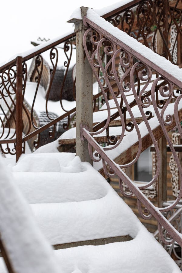 Metal Staircase Covered with Snow in Winter Stock Photo - Image of snow ...