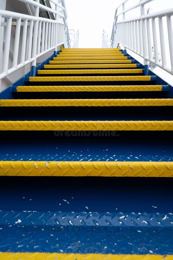 Metal Stairs in Blue and Yellow on a Ship.. Stock Image - Image of wall ...