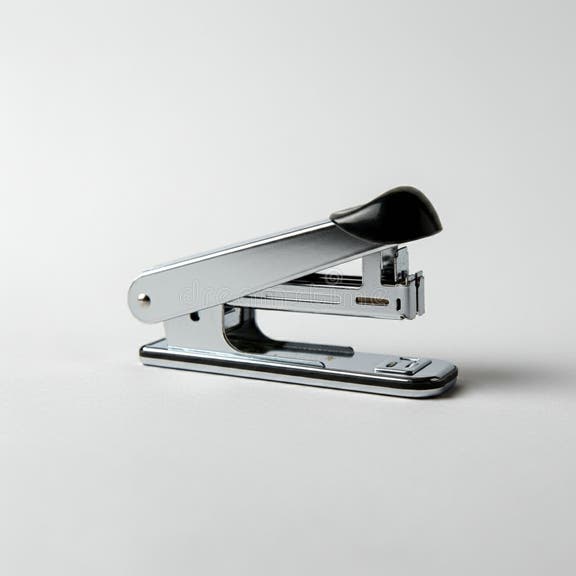 A Metal Stapler with a Silver Body and a Black Handle Rests on a Plain ...