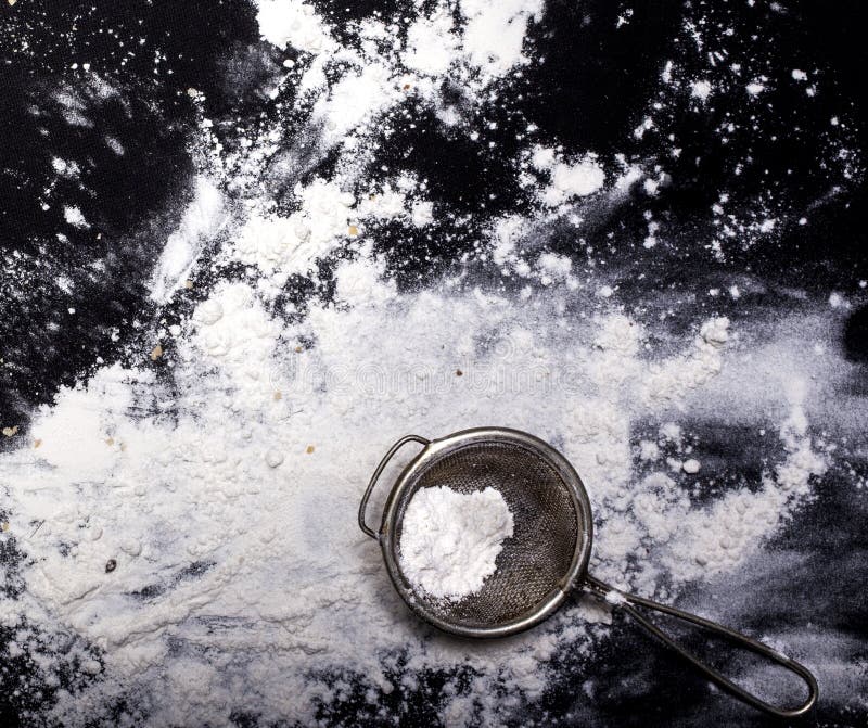 Metal Strainer with Spilling Flour Stock Photo - Image of copy, food ...