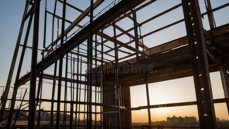 Metal Structure Under Construction at Sunset with Yellow Sky Stock ...