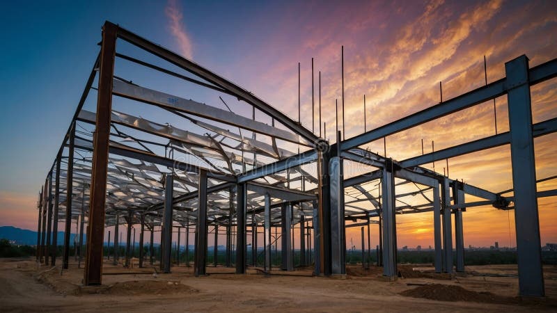 Metal Structure Under Construction at Sunset with Yellow Sky Stock ...