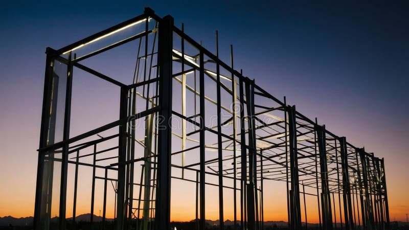 Metal Structure Under Construction at Sunset with Yellow Sky ...