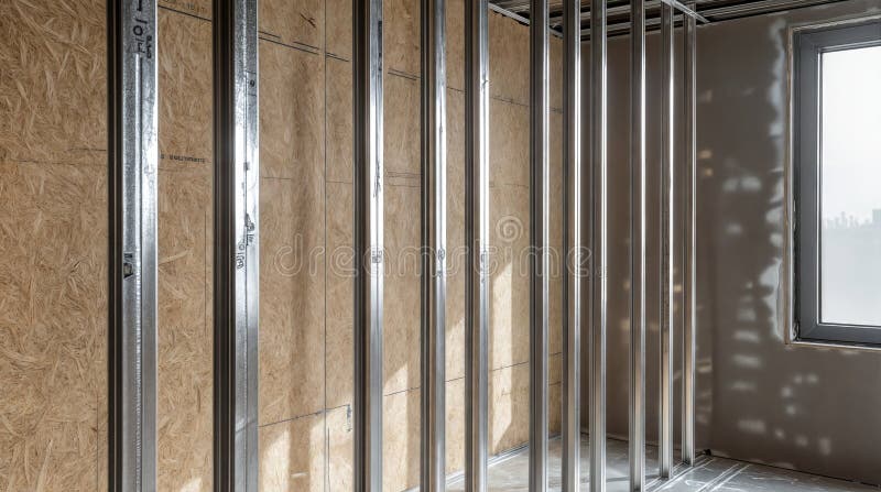 Metal Stud Framing and Osb Sheathing Creating Partition Wall in House ...