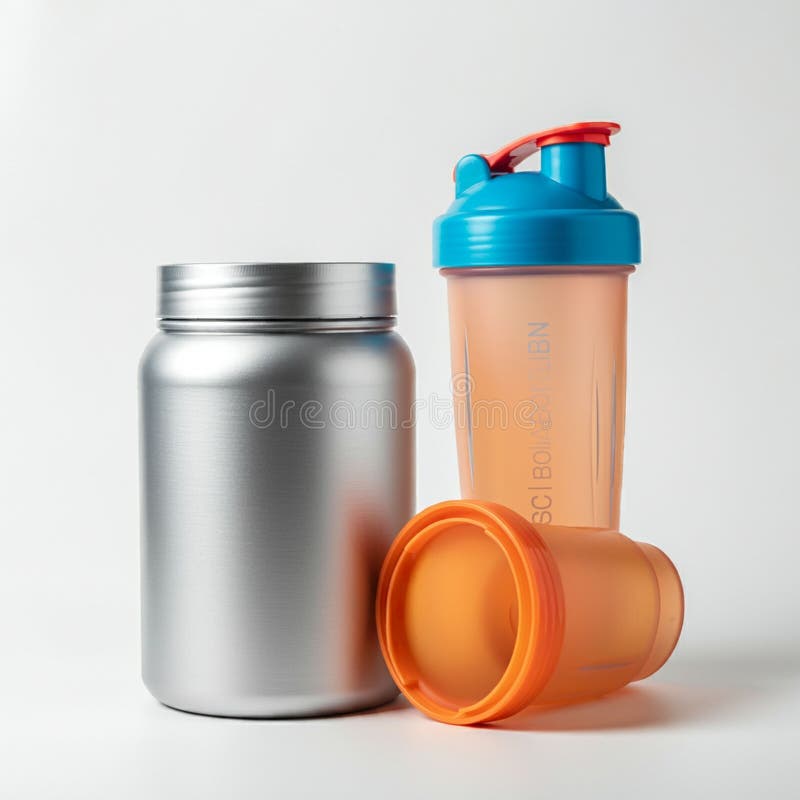 A Metal Supplement Container and Two Plastic Shaker Bottles are ...