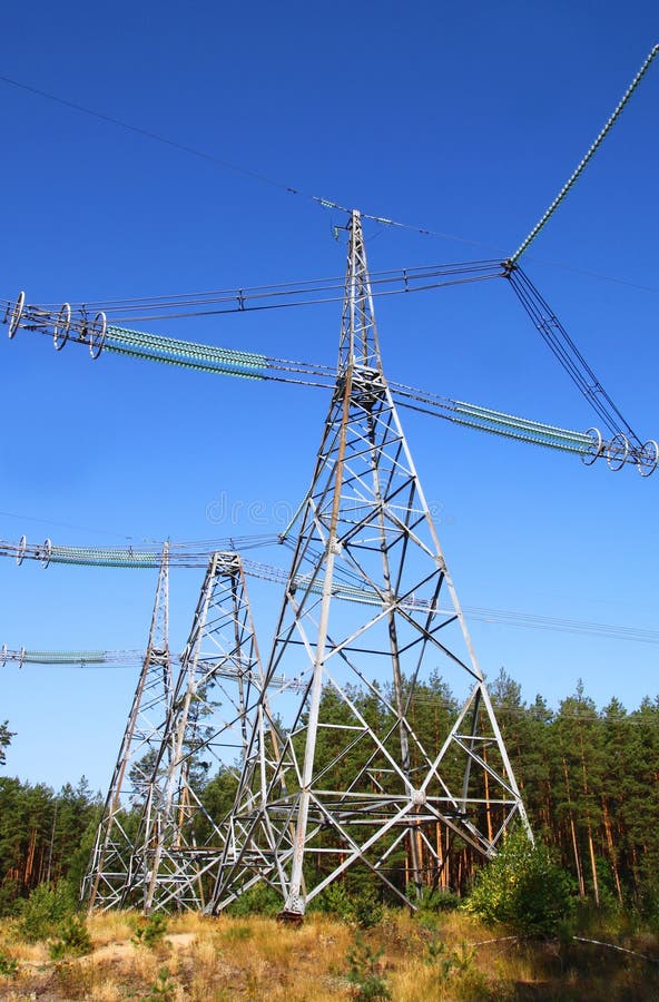 Metal Support Power Lines Against the Blue Sky Stock Photo - Image of ...