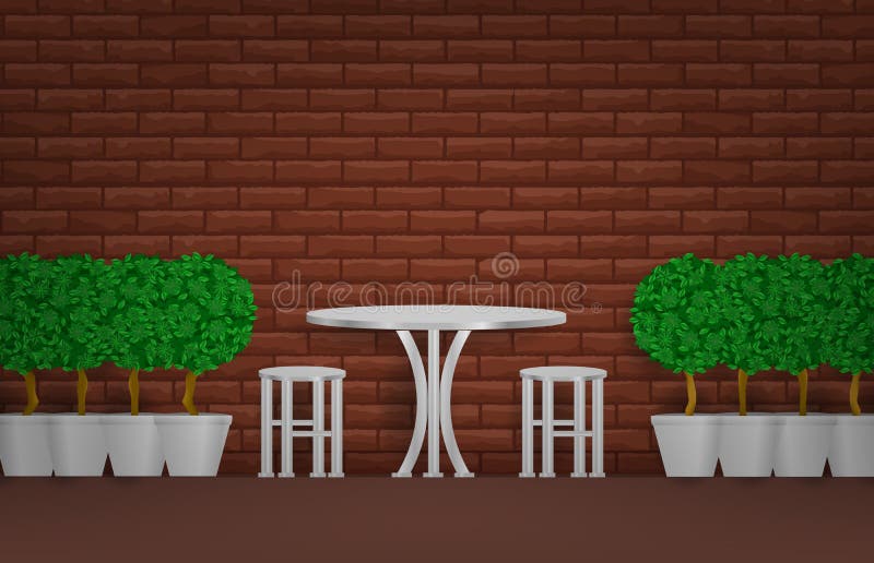 Metal Table Set with Plant in Pot and Wall Brick Stock Illustration ...
