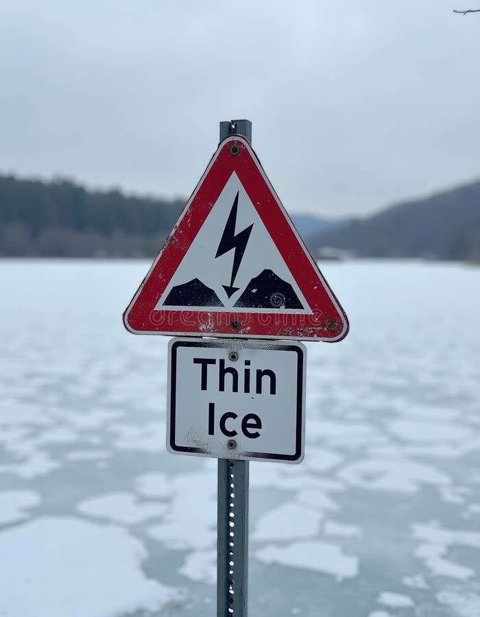 Metal Thin Ice Warning Sign Against Frozen Lake Backdrop Stock ...