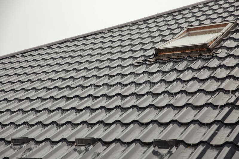 Metal Tile Roof with Skylight Window during Heavy Rain Stock Image ...