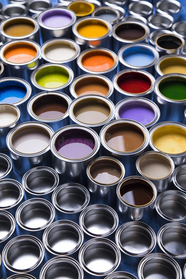 Metal Tin Cans with Color Paint Stock Photo - Image of drawing, house ...