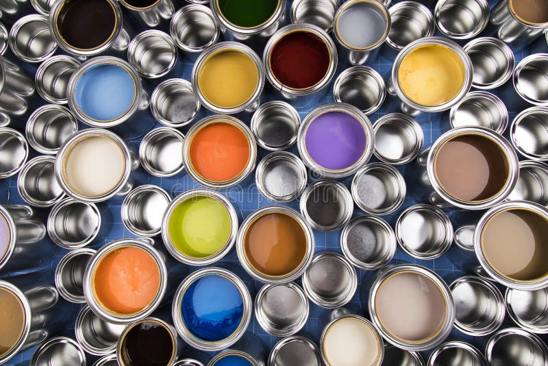 Metal Tin Cans with Color Paint Stock Photo - Image of bottle, paint ...
