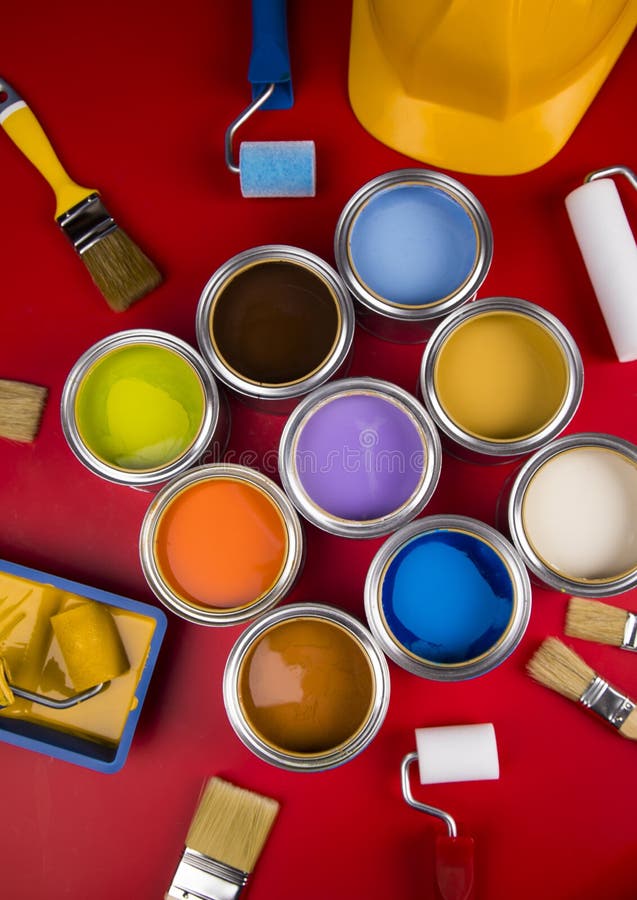 Metal Tin Cans with Color Paint and Paintbrush Stock Photo - Image of ...