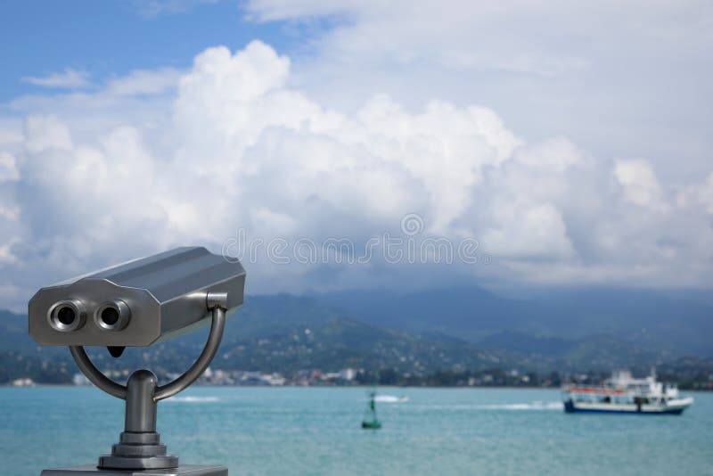 Metal Tower Viewer Installed Near Sea. Mounted Binoculars Stock Image ...