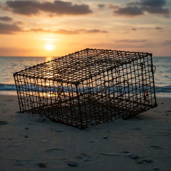 Metal Trap on the Seashore at Sunset. Stock Image - Image of fishing ...