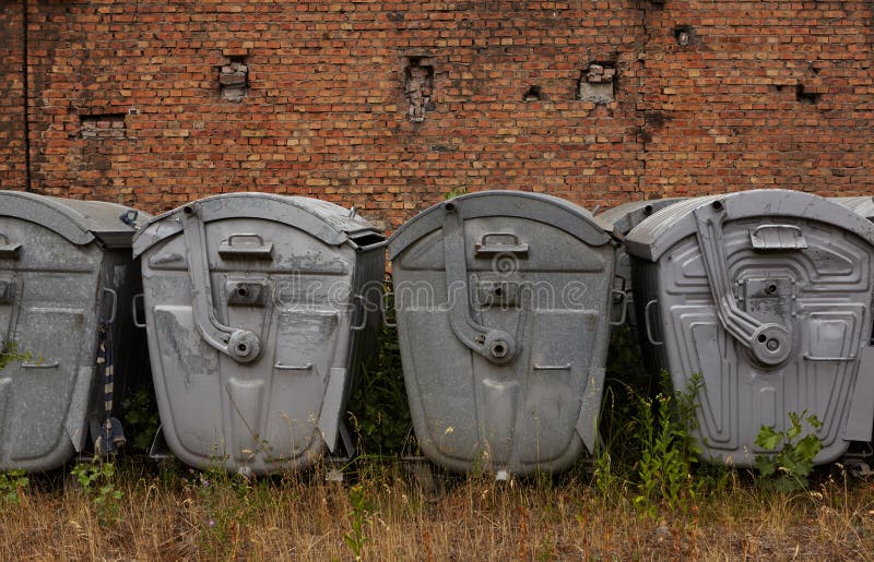 Metal trash containers. stock photo. Image of plant - 119225632