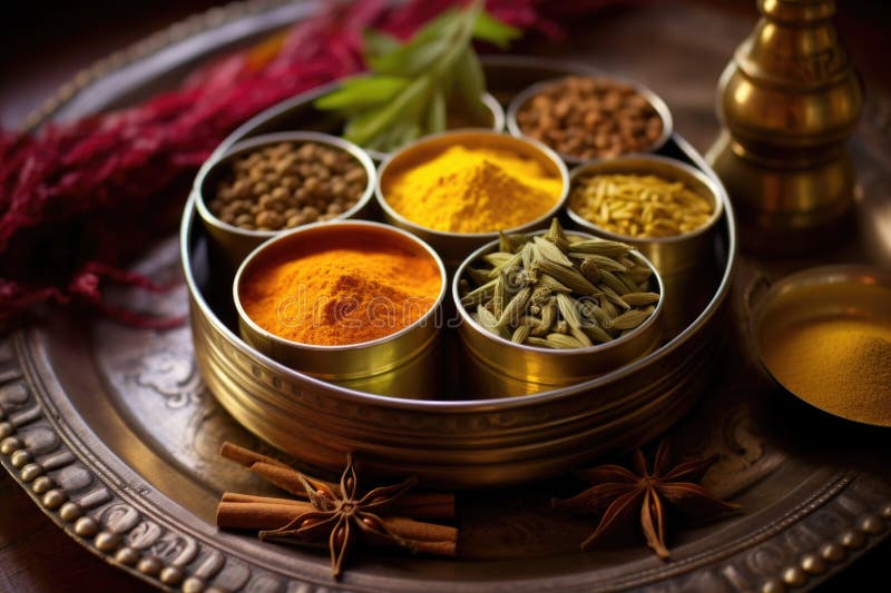 A Metal Tray Filled with Different Types of Spices. Stock Illustration ...
