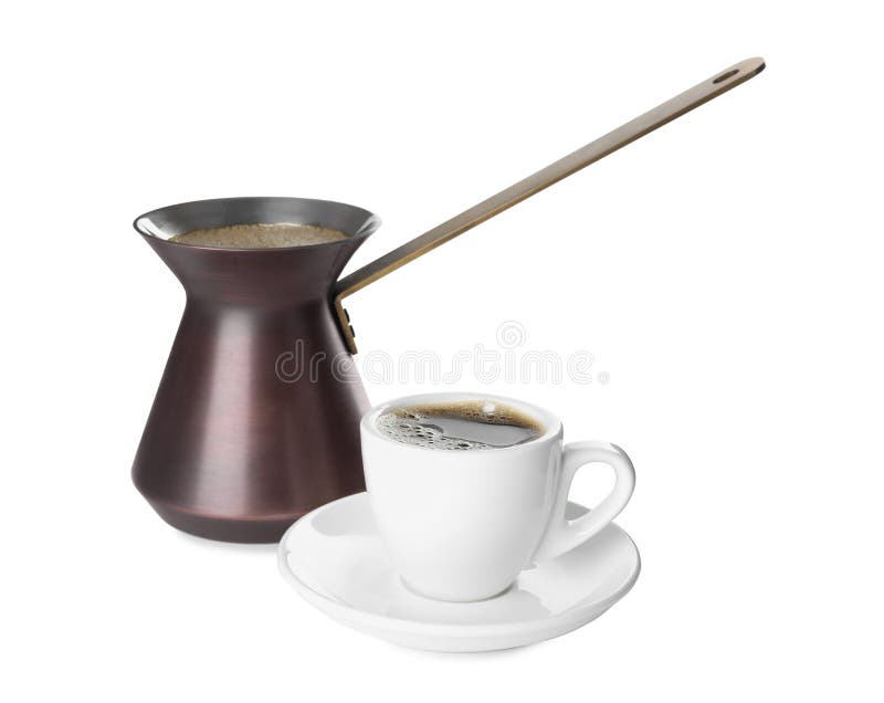 Metal Turkish Coffee Pot and Cup of Hot Drink on White Background Stock ...