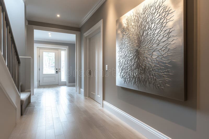 Metal Wall Decor, Detailed Metal Wall Decor Enhances a Simple Hallway ...