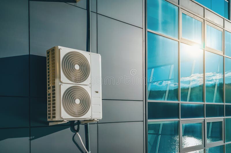Metal Wall of Modern Building with Air Conditioning Unit and Sun ...