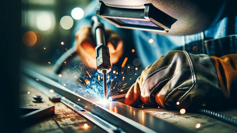 Metal Welding in a Factory, Using an Electric Arc Welding Machine. the ...