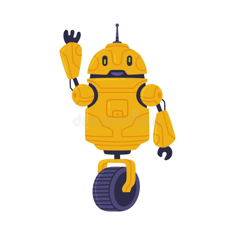 Metal Yellow Robot Machine with Wheel Waving Limb Greeting Vector ...