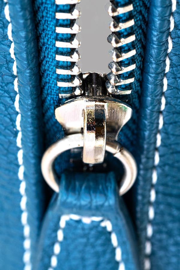Metal Zipper on Blue Leather. Macro Shot Stock Photo - Image of opening ...