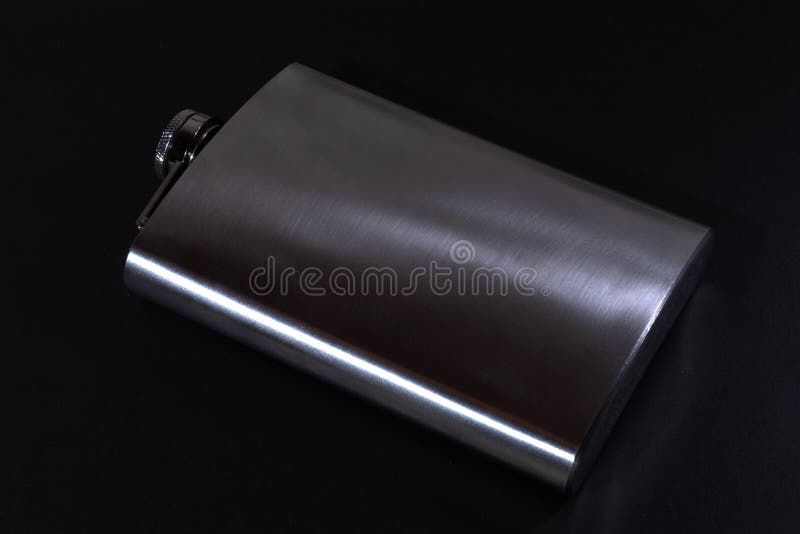 Metall Hip Flask on Black Backdrop. Flasks for Alcohol Stock Photo ...