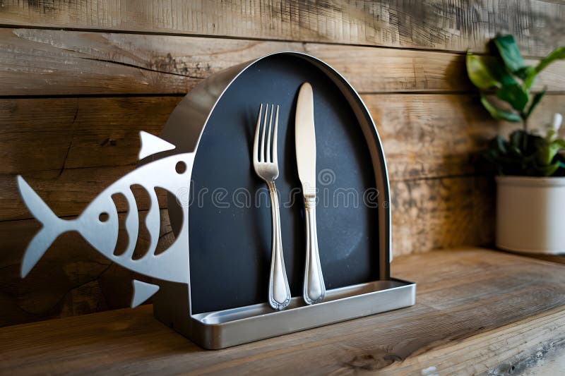 Metallic Arch Menu Board with Fish, Knife and Fork Set Against Rustic ...