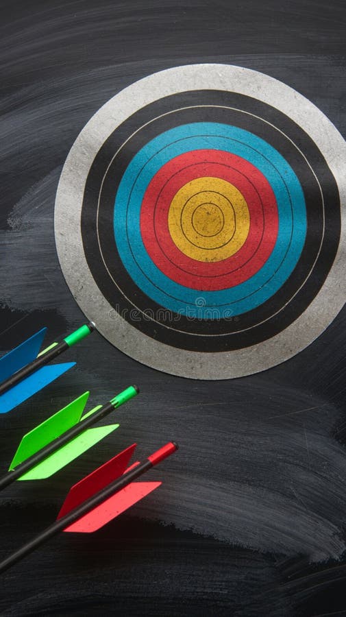Metallic Archery Target Emblem on Chalkboard, Arrows in Various Colors ...