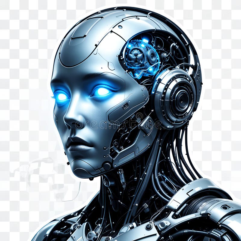 A Metallic Artificial Intelligence Humanoid Robot with Blue Eyes Looks ...