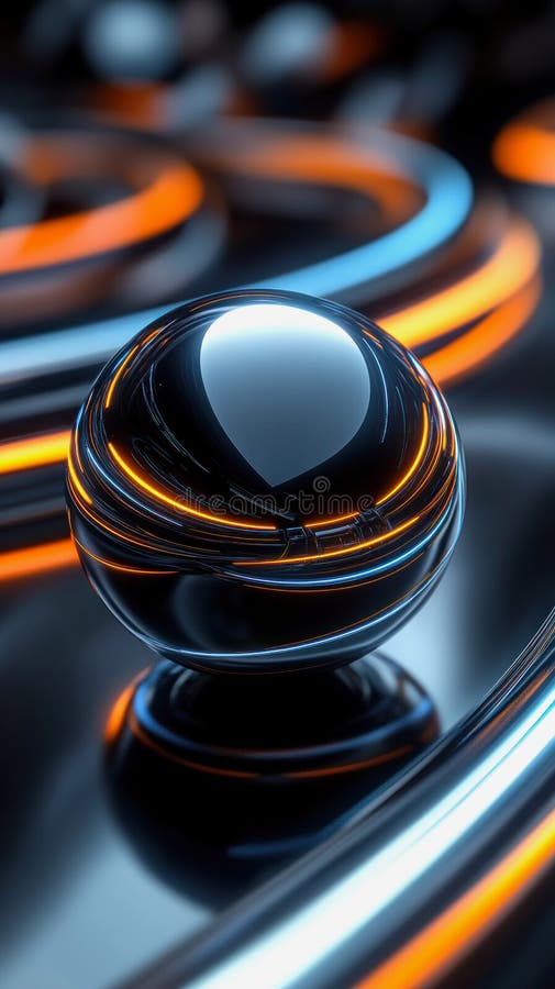 Metallic Ball with Sleek Surface and Reflections of the Orange Lights Stock Photo - Image of ...