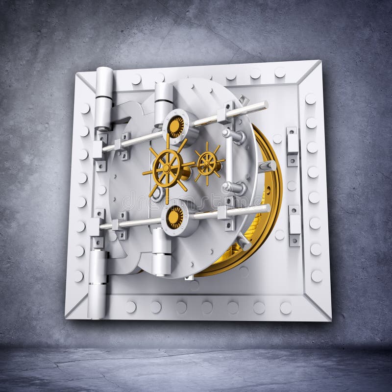 Bank Vault Door On Gray Wall Stock Illustration - Illustration of door ...