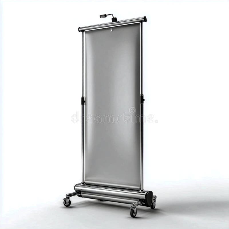 Metallic Banner Stand with Wheels on a Plain Background Stock ...