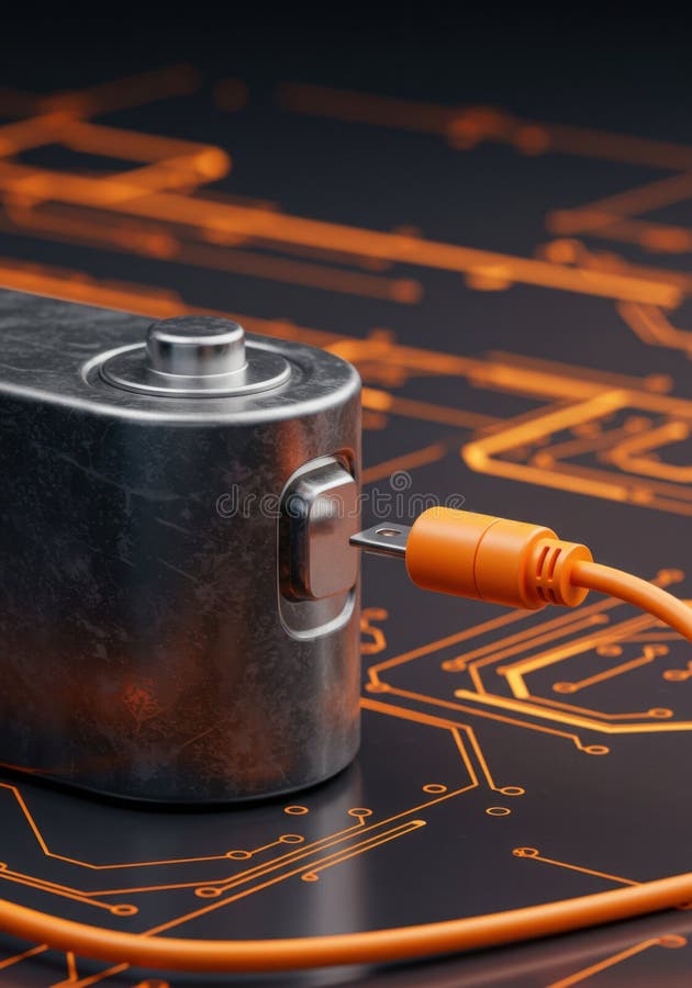 Metallic Battery with Orange Cable on Circuit Background Stock ...