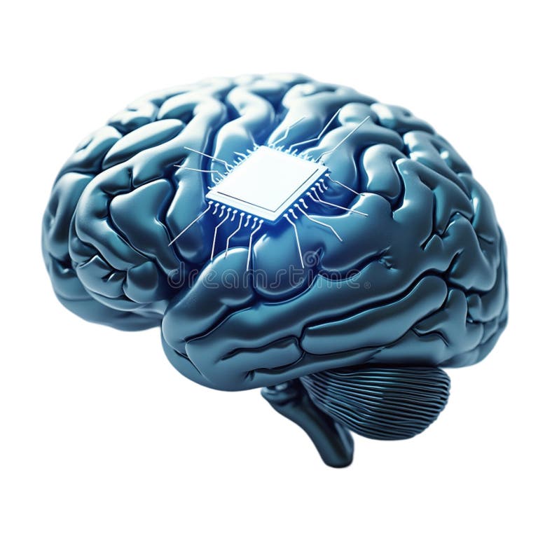 A Metallic Blue Brain Features a Glowing Microchip Embedded on Its ...