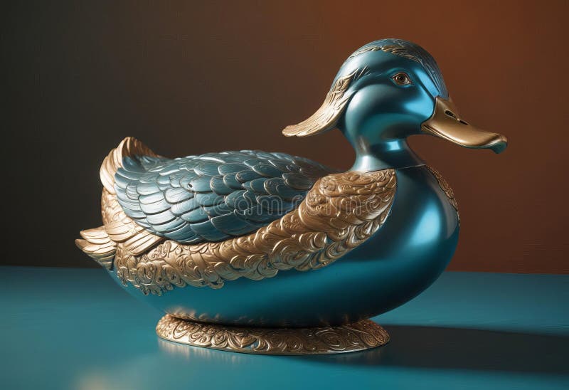 A Metallic Blue Duck-shaped Sculpture on a Teal Background Stock ...