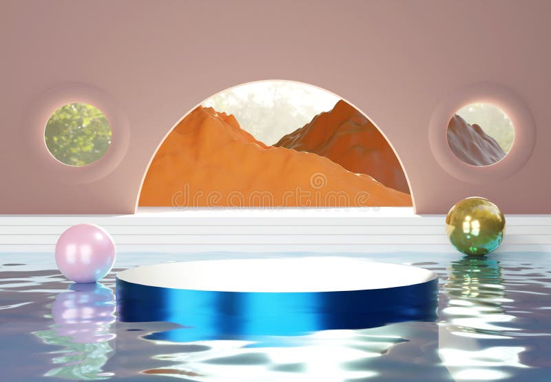 Metallic Blue Podium with Pink and Gold Spherical Objects in Pool ...