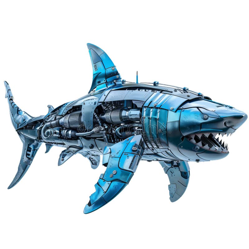 Metallic Blue Shark Robot Swimming and Showing Its Sharp Teeth Stock ...