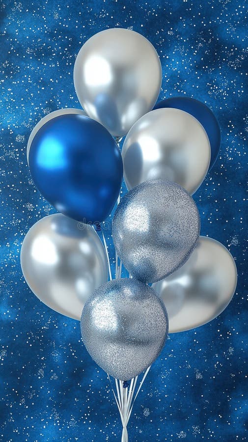 Metallic Blue and Silver Balloons in Starry Backdrop Stock Photo ...