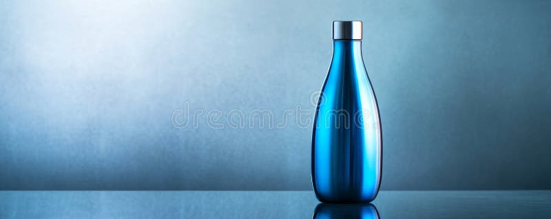 Metallic Blue Water Bottle on Reflective Surface Against Gradient ...