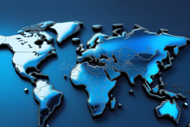 Metallic Blue World Map with Raised Borders Stock Illustration ...